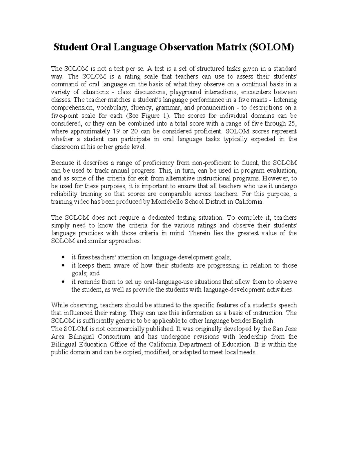 Solom - ccto - Student Oral Language Observation Matrix (SOLOM) The ...