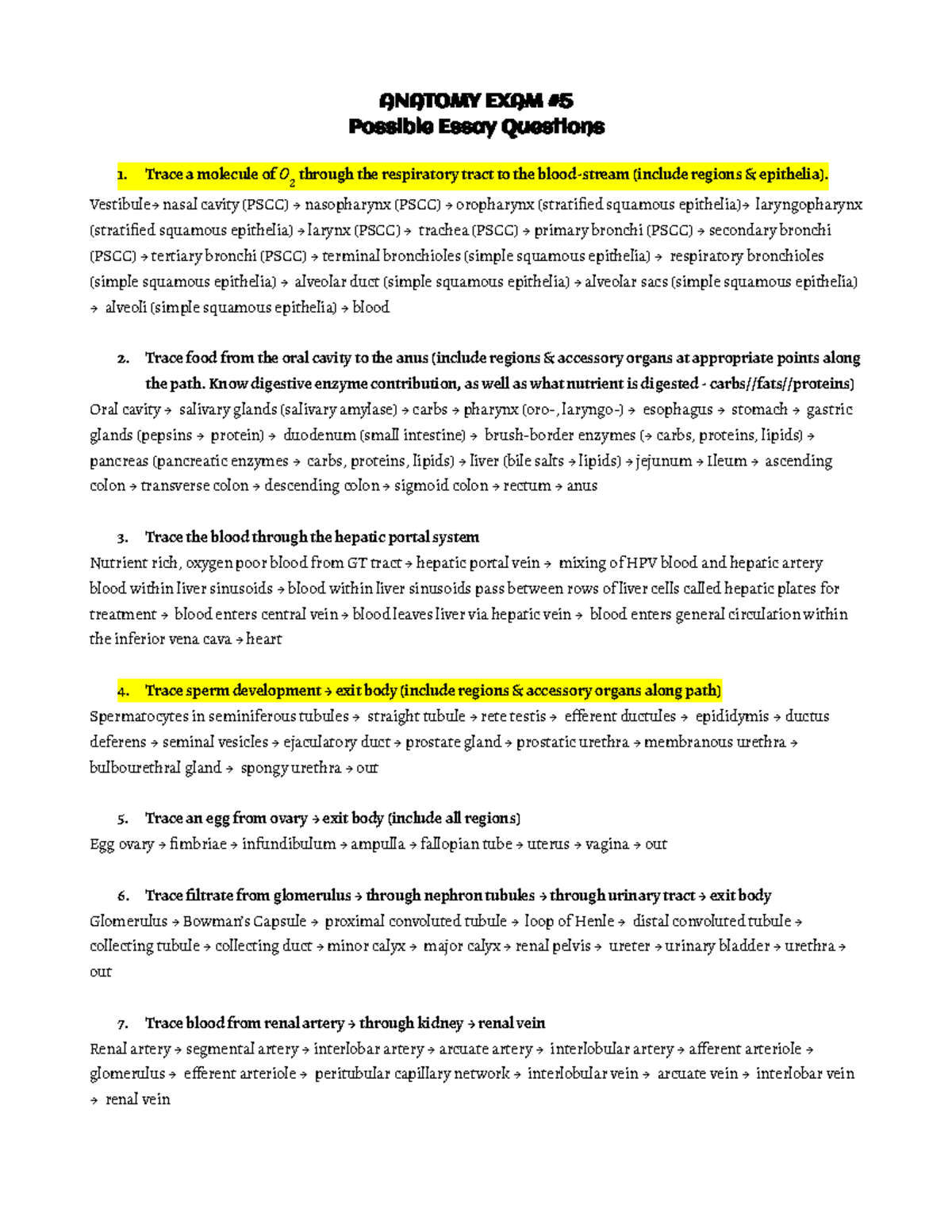 Anatomy Exam 5 - Contains potential essay questions with answers for ...