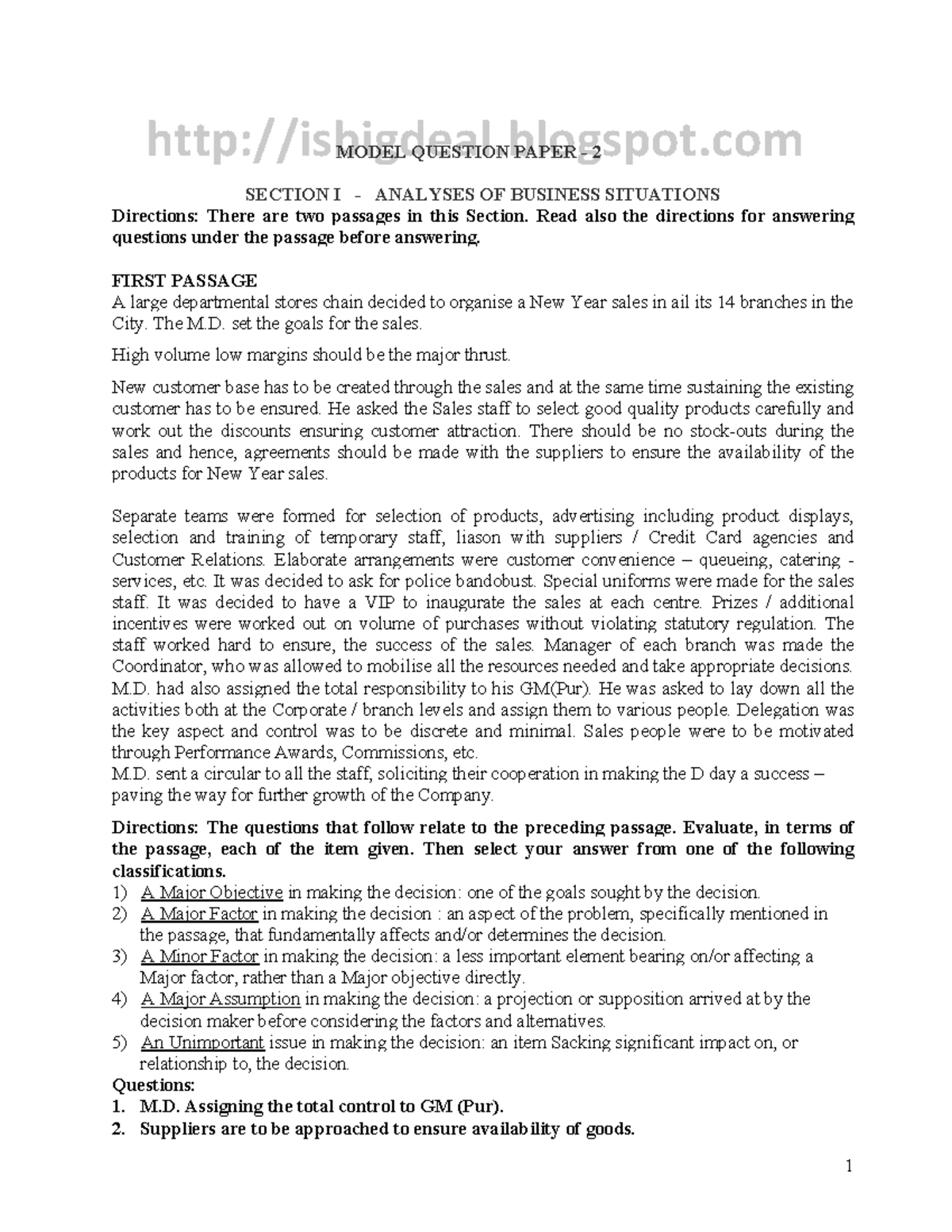 Tancet MBA Sample Paper (www - MODEL QUESTION PAPER - 2 SECTION I ...