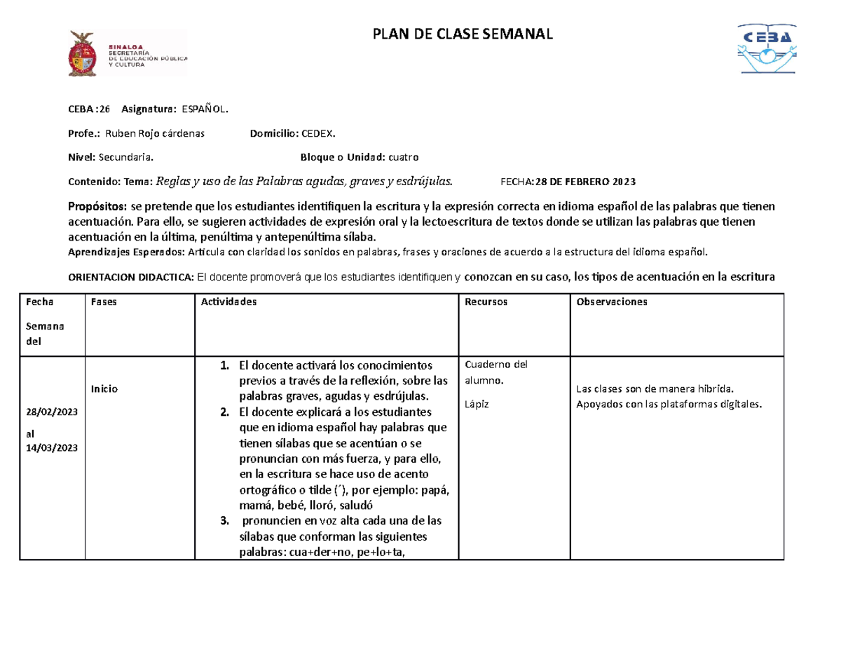 PLAN DE Clase Español Secundaria. 1 29 DE Febrero 2023 - PLAN DE CLASE ...