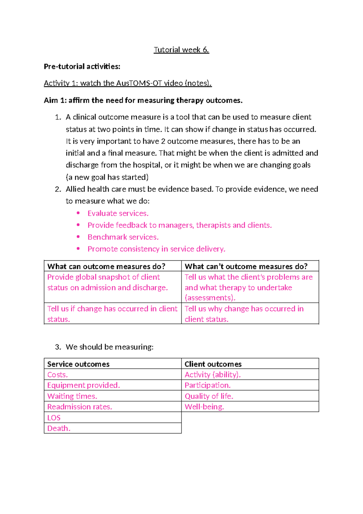 AusTOMs-OT summary notes - Tutorial week 6. Pre-tutorial activities ...