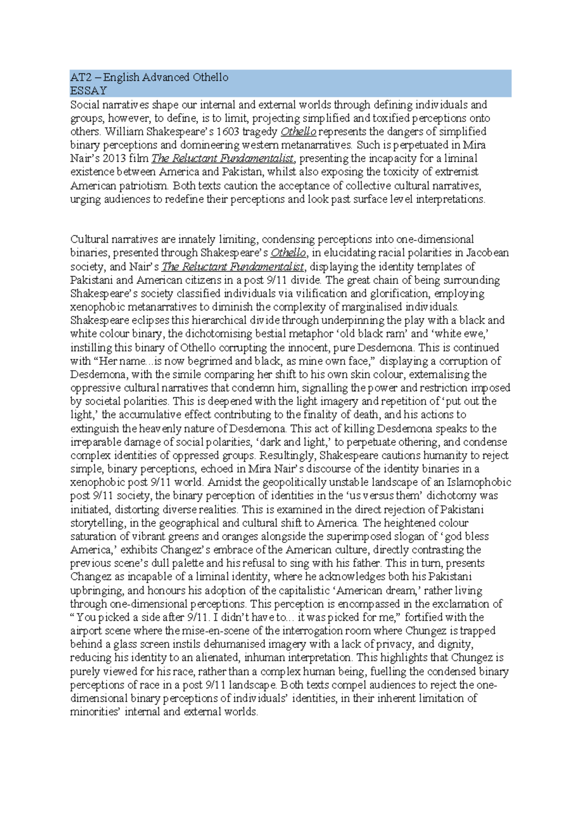 AT2 - Essay - AT2 – English Advanced Othello ESSAY Social narratives ...