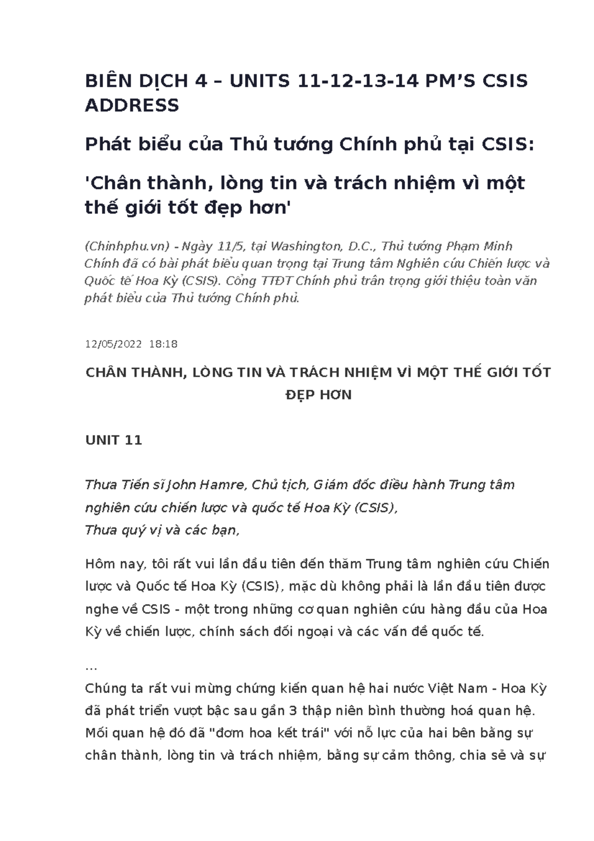 BIÊN DỊCH 4 Units 11-12-13-14 - BIÊN DỊCH 4 – UNITS 11-12-13-14 PM’S CSIS ADDRESS Phát biểu của ...