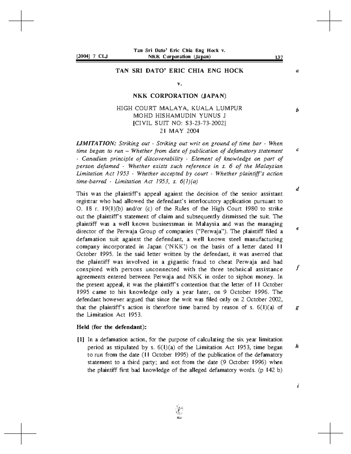 Tan Sri Dato' Eric Chia v NKK Corp (Japan) - a b c d e f g h i [2004] 7 ...