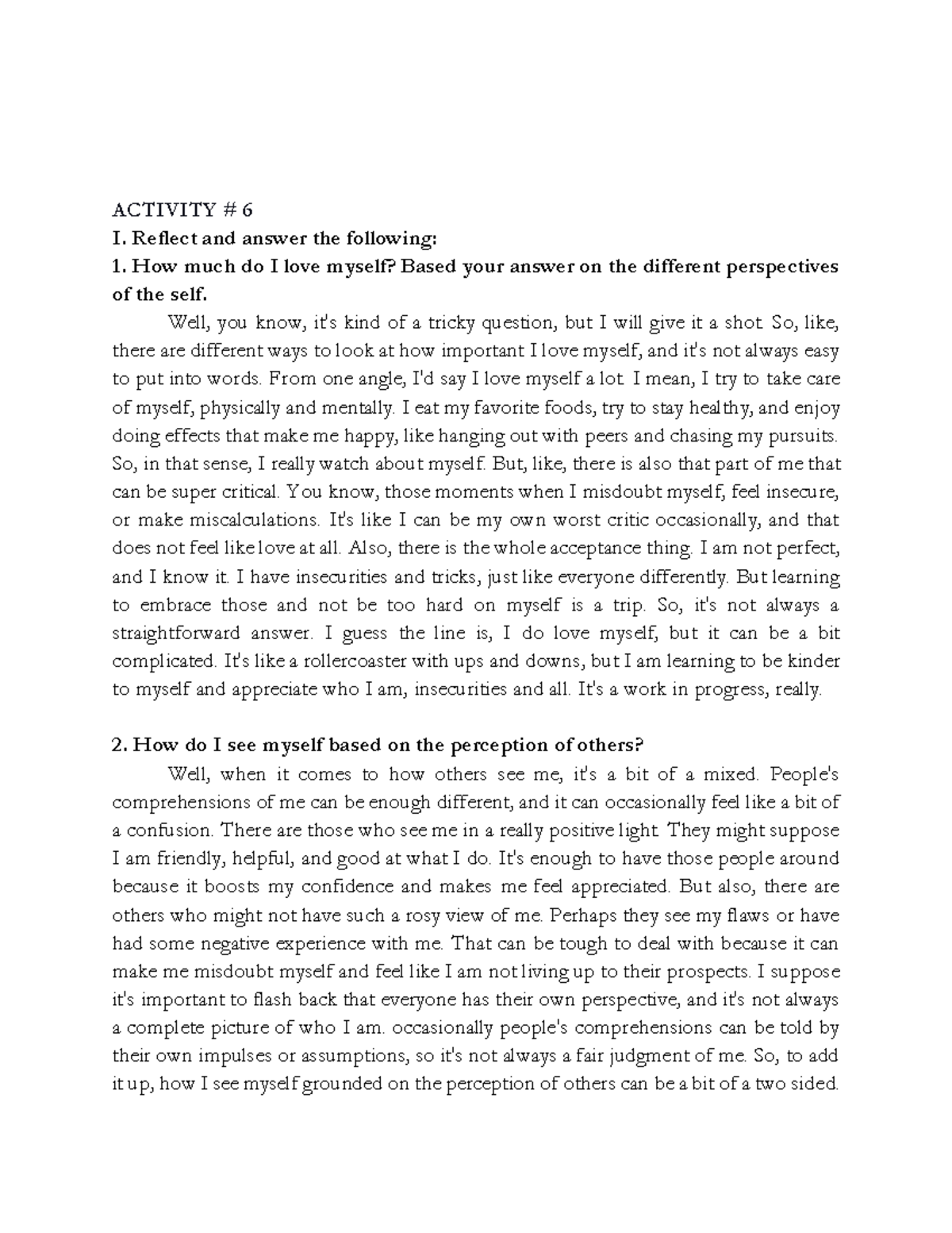 Activity 6 - How much do I love myself? Based on your answer on the ...