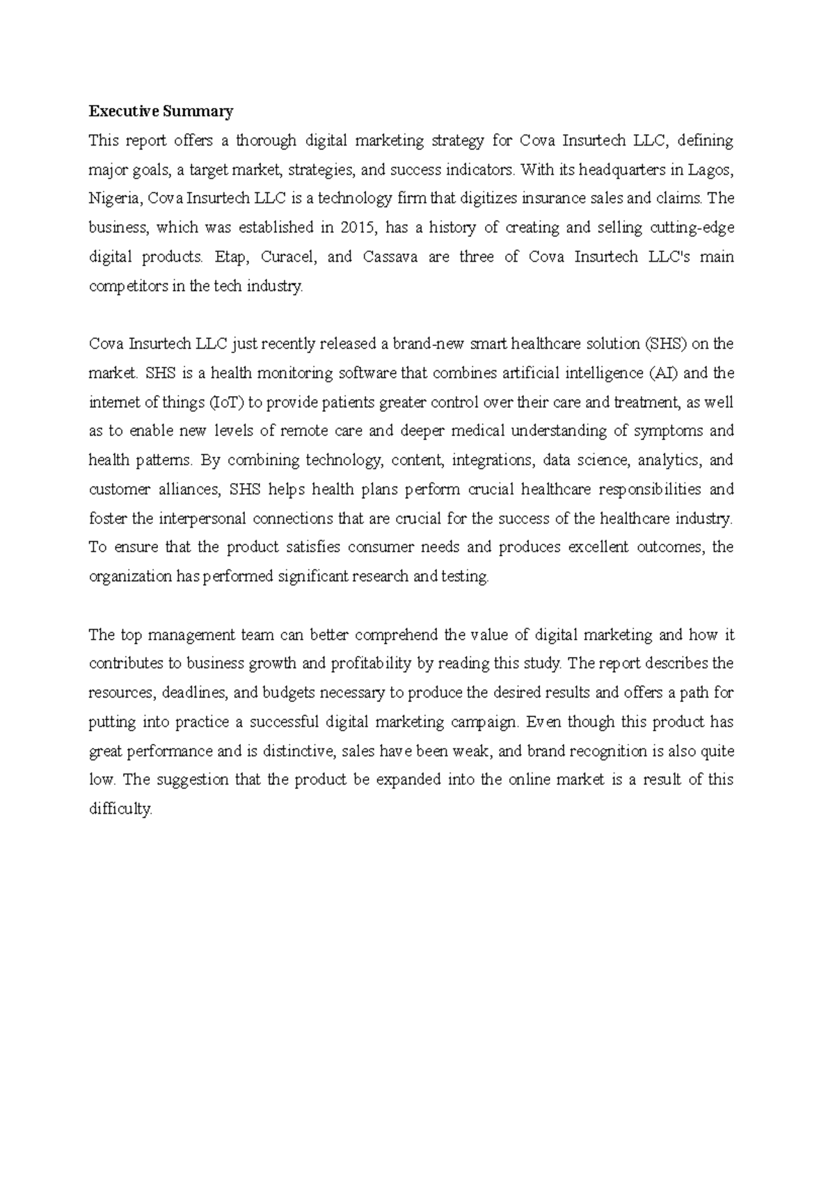 Digital Marketing Plan - Executive Summary This report offers a ...