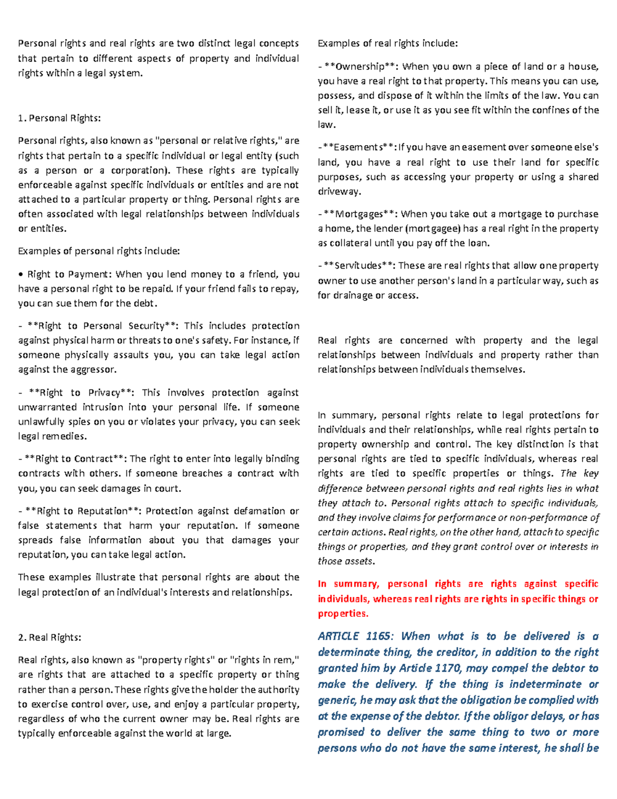 Article 1165 - 1170 - Personal rights and real rights are two distinct ...