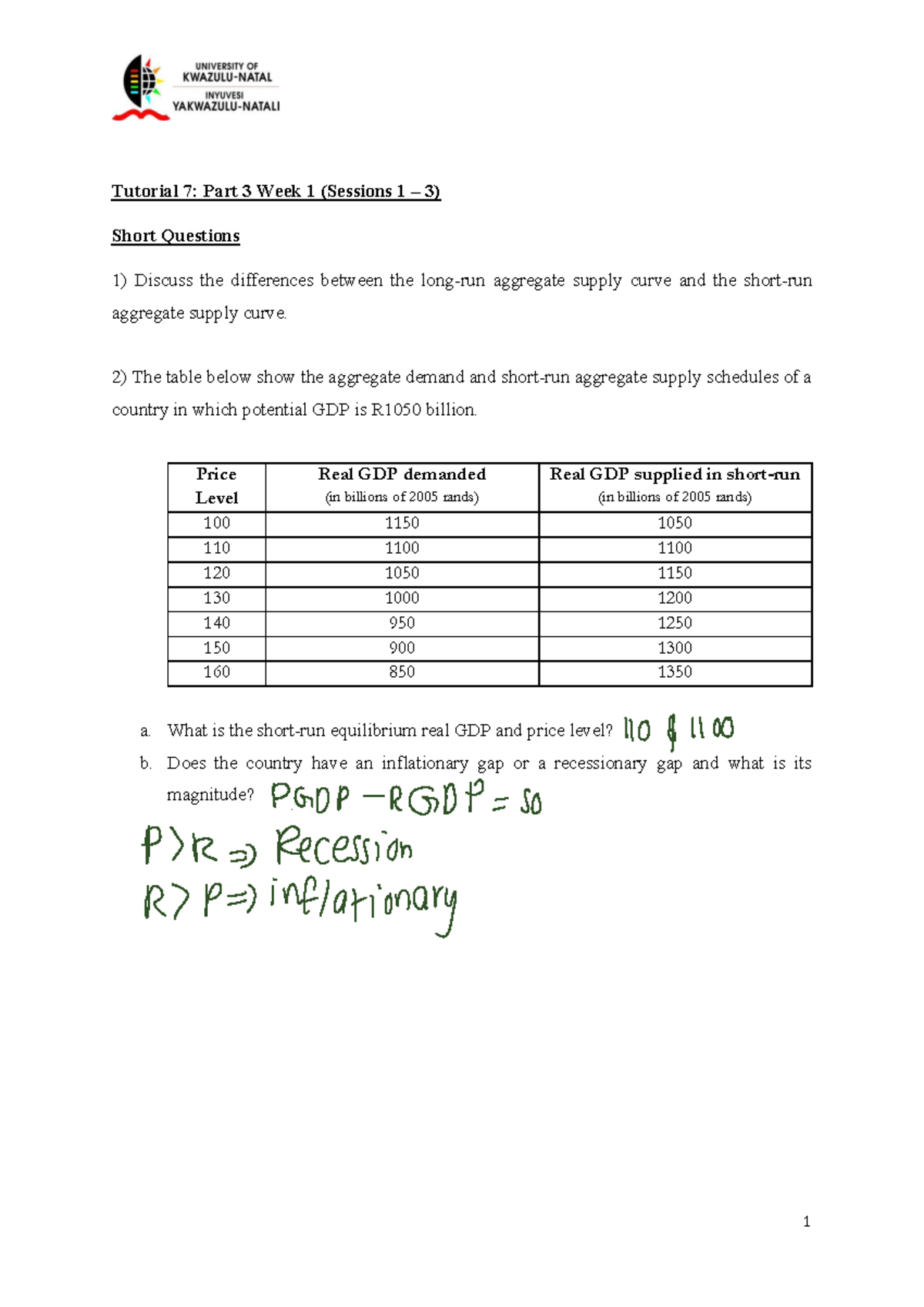 Tutorial work 7 - Tutorial 7: Part 3 Week 1 (Sessions 1 – 3 ) Short Questions Discuss the - Studocu