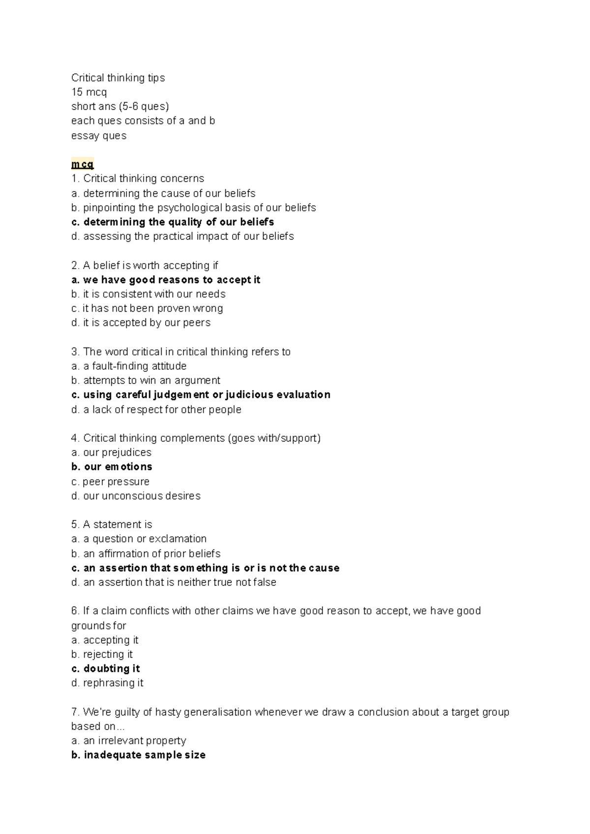 Critical thinking tips Notes for Exam - Critical thinking tips 15 mcq ...