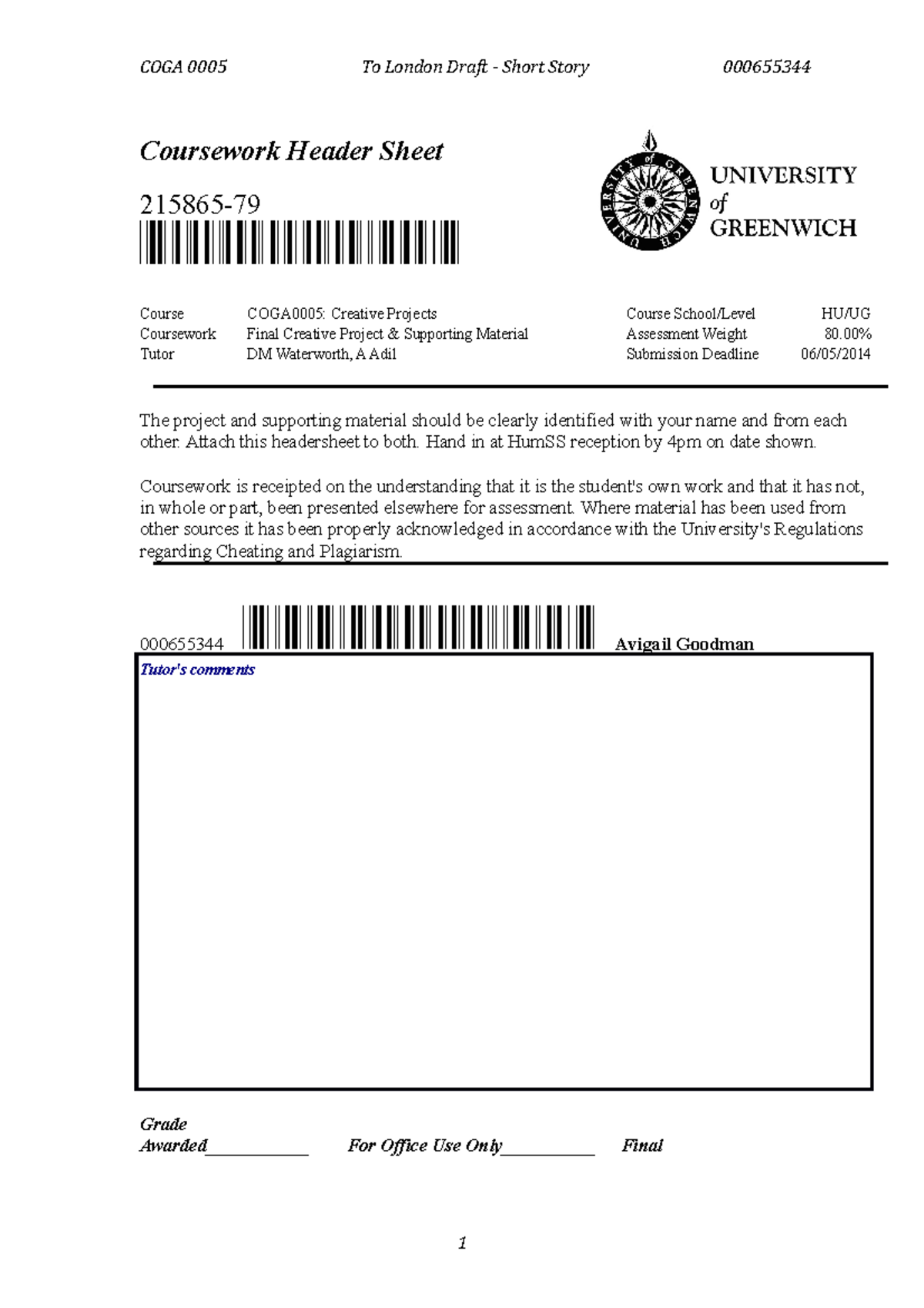 Penultimate DraftCreativeProject - COGA To London Draft Short Story ...