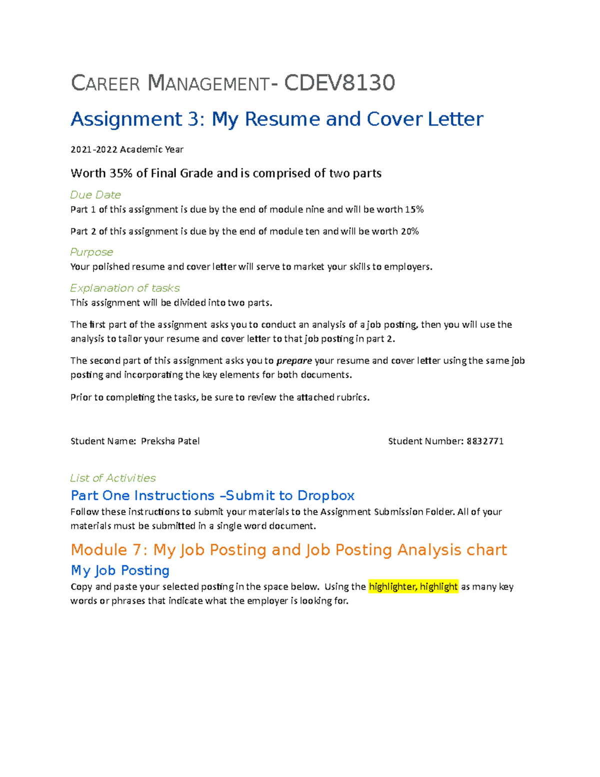 CDEV8130 Career Management Assignment 3 My Resume and Cover Letter ...