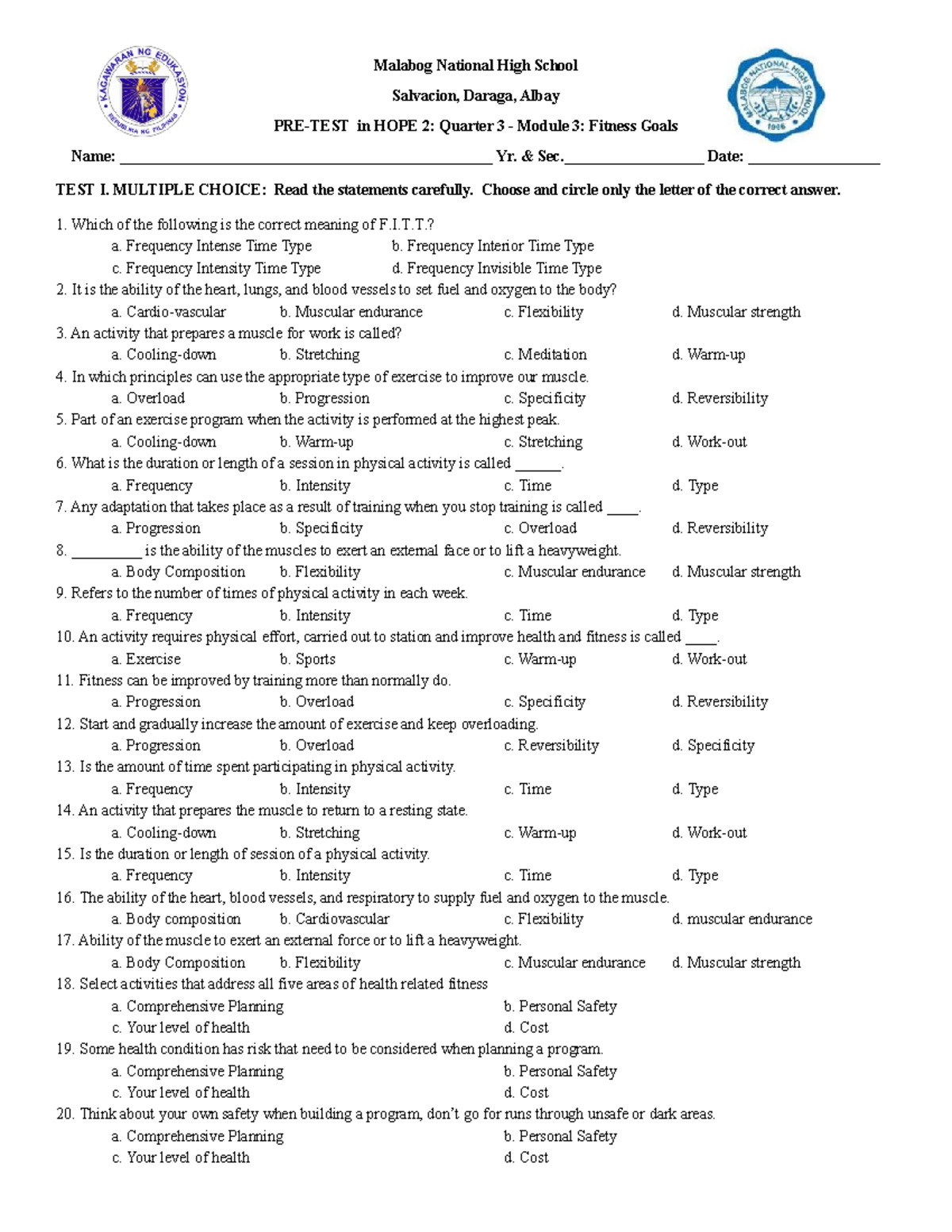 Pre Test on Action Research - Malabog National High School Salvacion ...