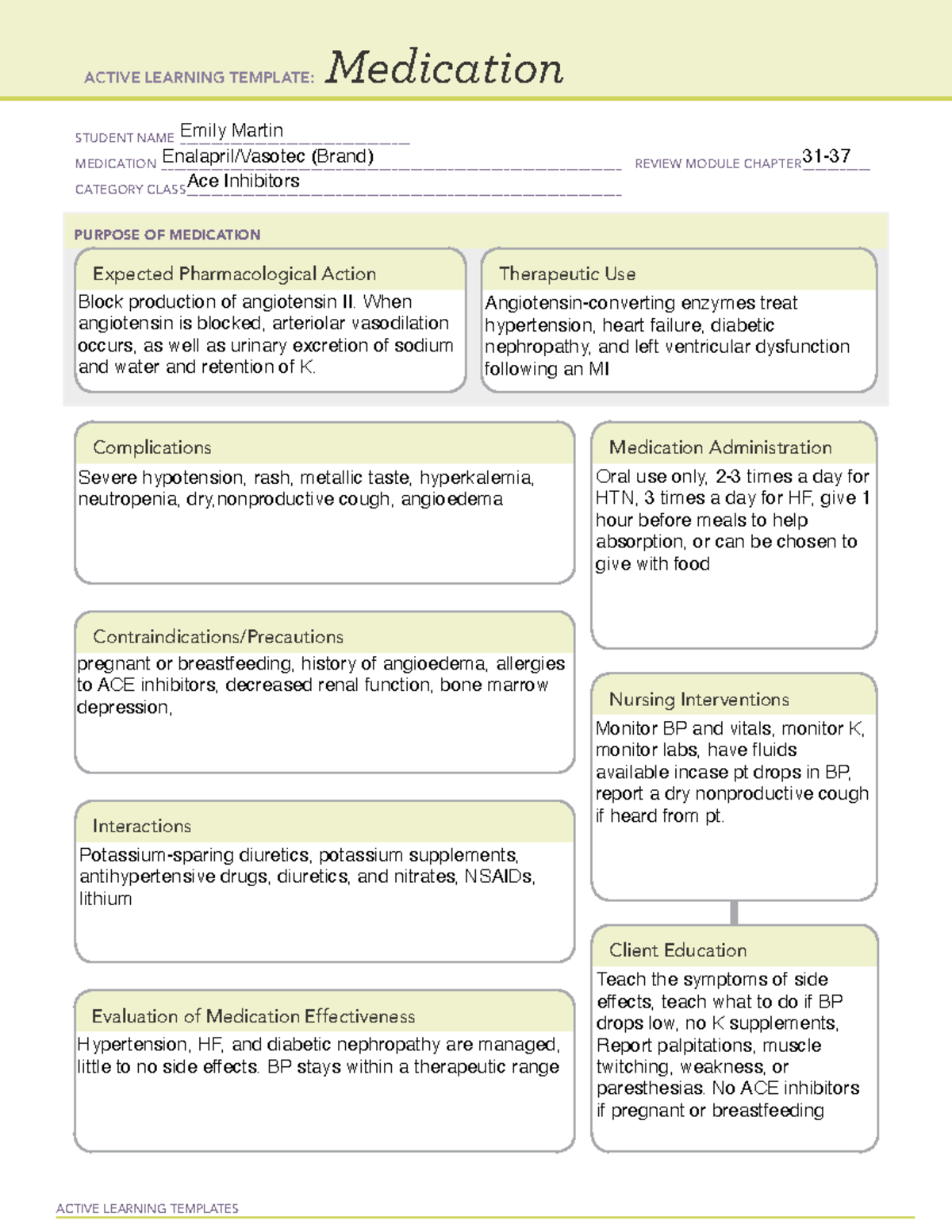 Vasotec - ACTIVE LEARNING TEMPLATES Medication STUDENT NAME
