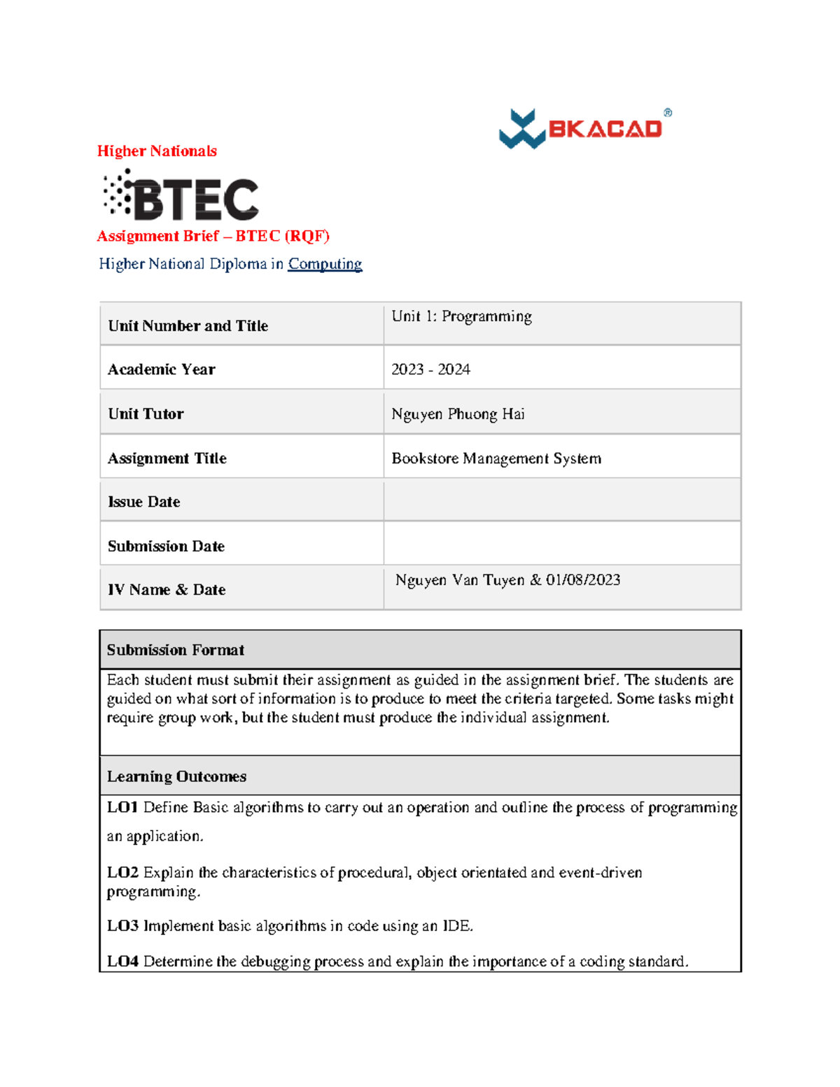 Programming - Assignment 2022 (cho sinh viên) - Higher Nationals ...