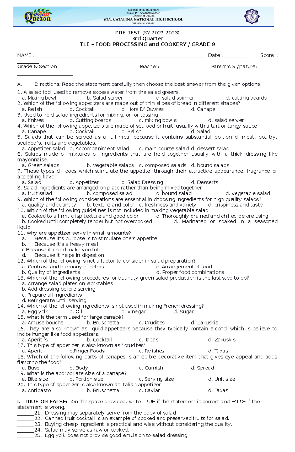 G9 PRE TEST Appetizers and salad - PRE-TEST (SY 2022-2023) 3rd Quarter ...