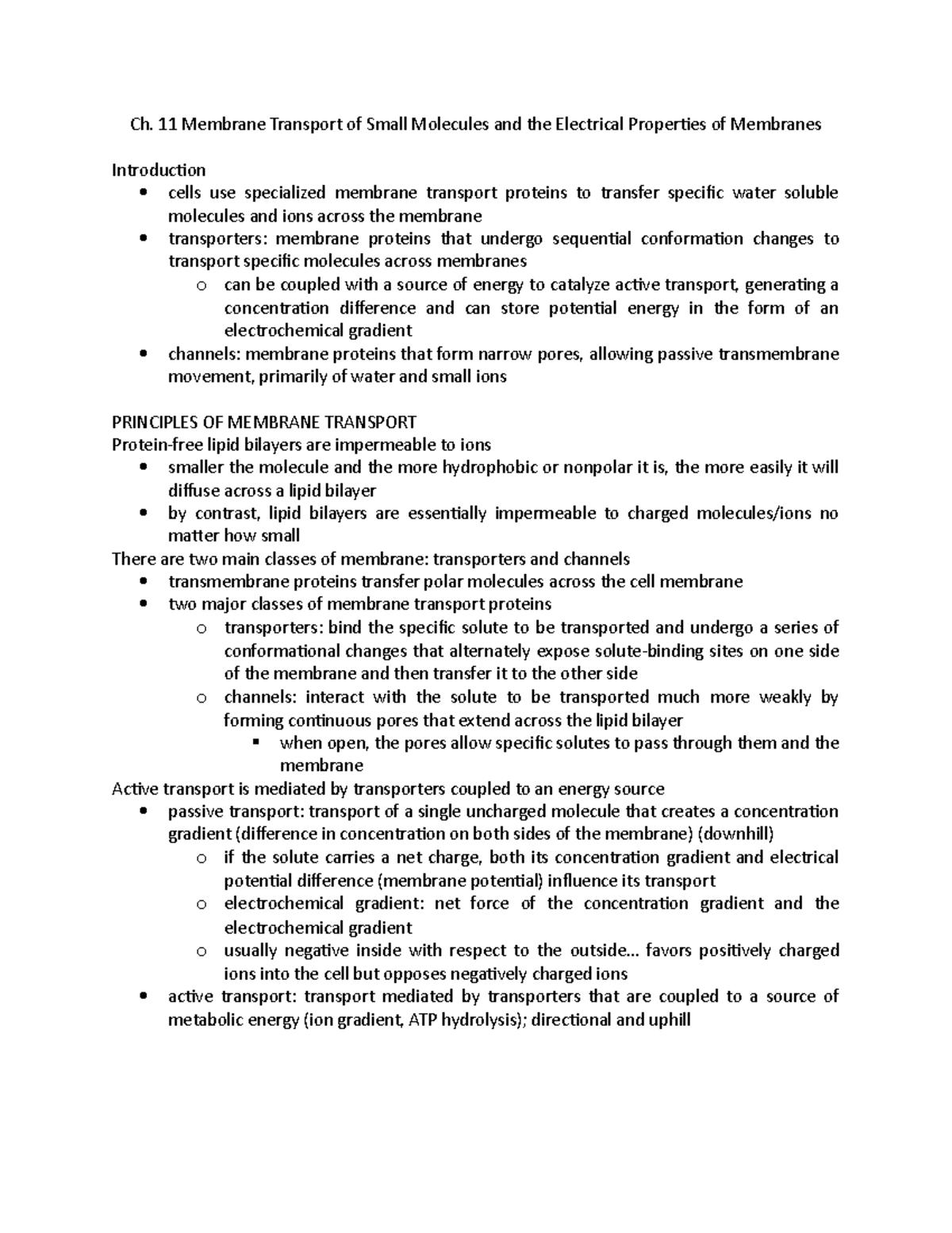 Ch. 11 Membrane Transport of Small Molecules and the Electrical ...