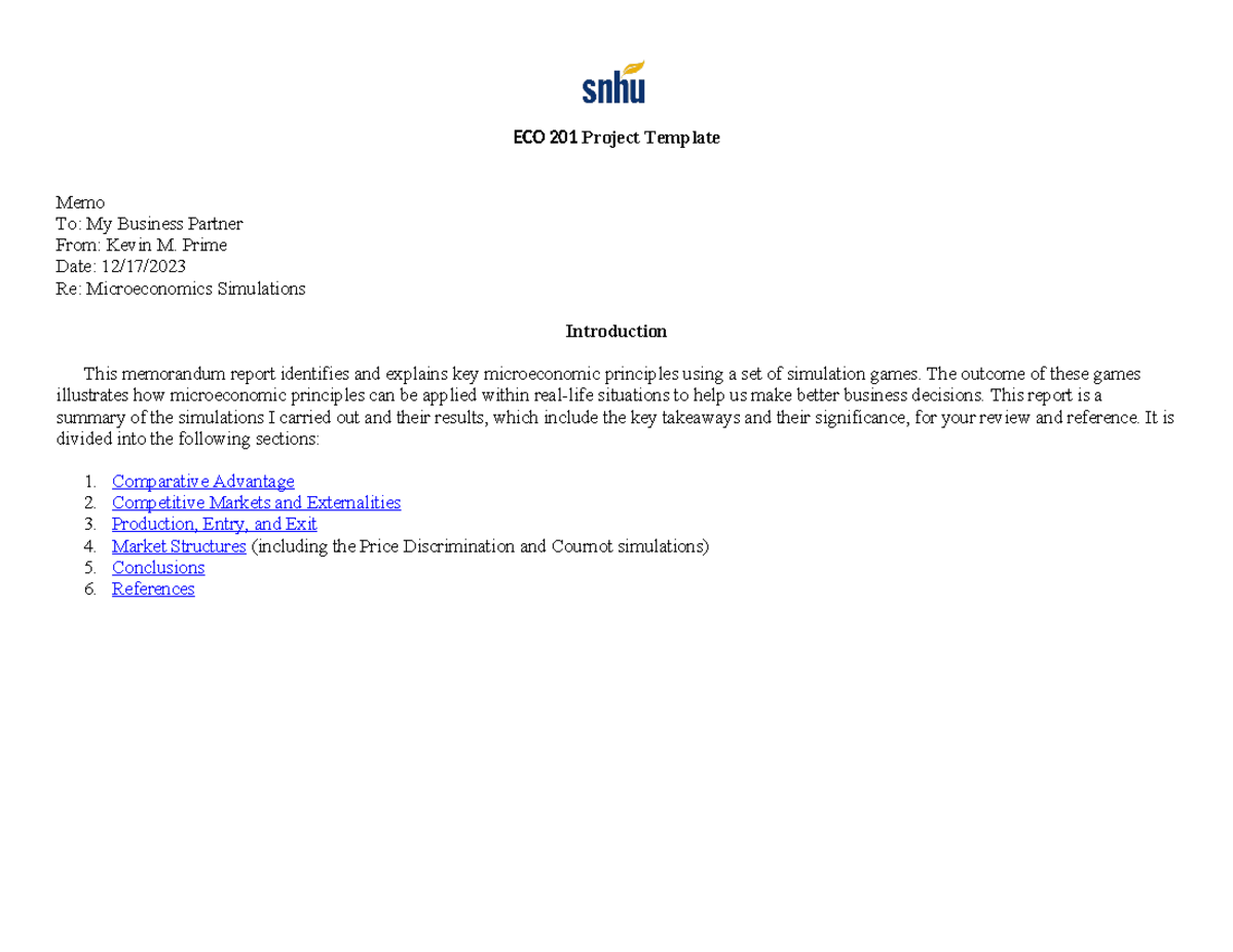 ECO 201 Project 8-1 - ECO 201 Project Template Memo To: My Business ...