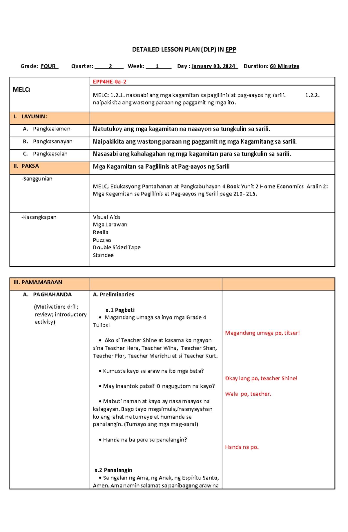 Final-DLP-TLE-Group 2 - DETAILED LESSON PLAN (DLP) IN EPP Grade: FOUR Quarter: 2 Week: 1 Day ...