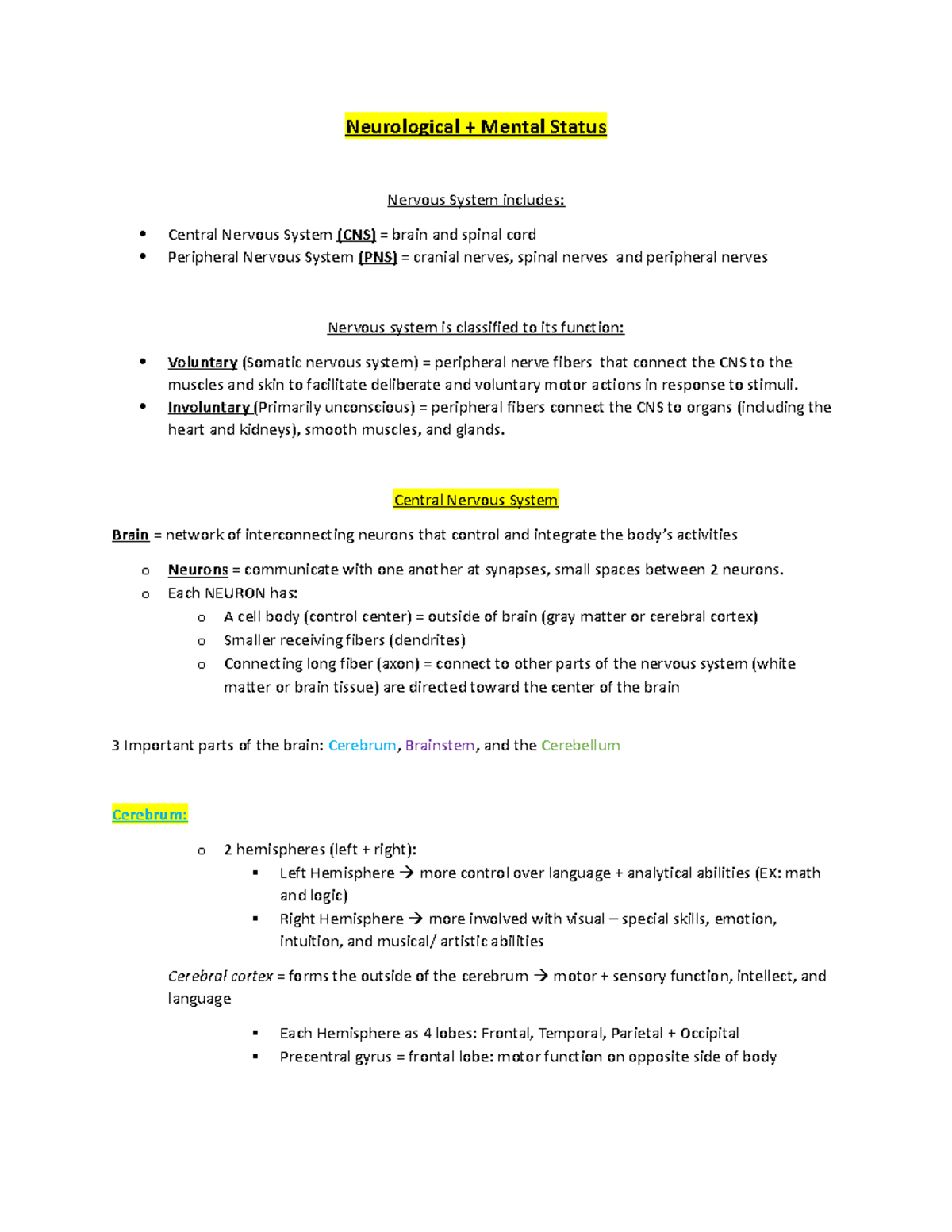 Neuro Notes - nur - Neurological + Mental Status Nervous System ...