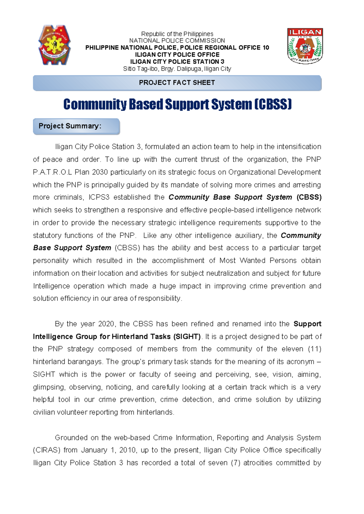 CBSS- Project Fact Sheet - Republic of the Philippines NATIONAL POLICE COMMISSION PHILIPPINE ...