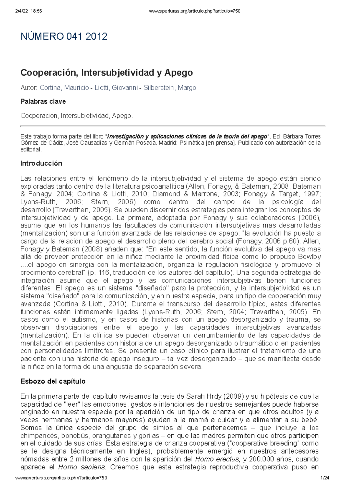 Art Apego 2012 Cortina Apego Cooperación e Intersubjetividad - Psicología II - UBA - Studocu