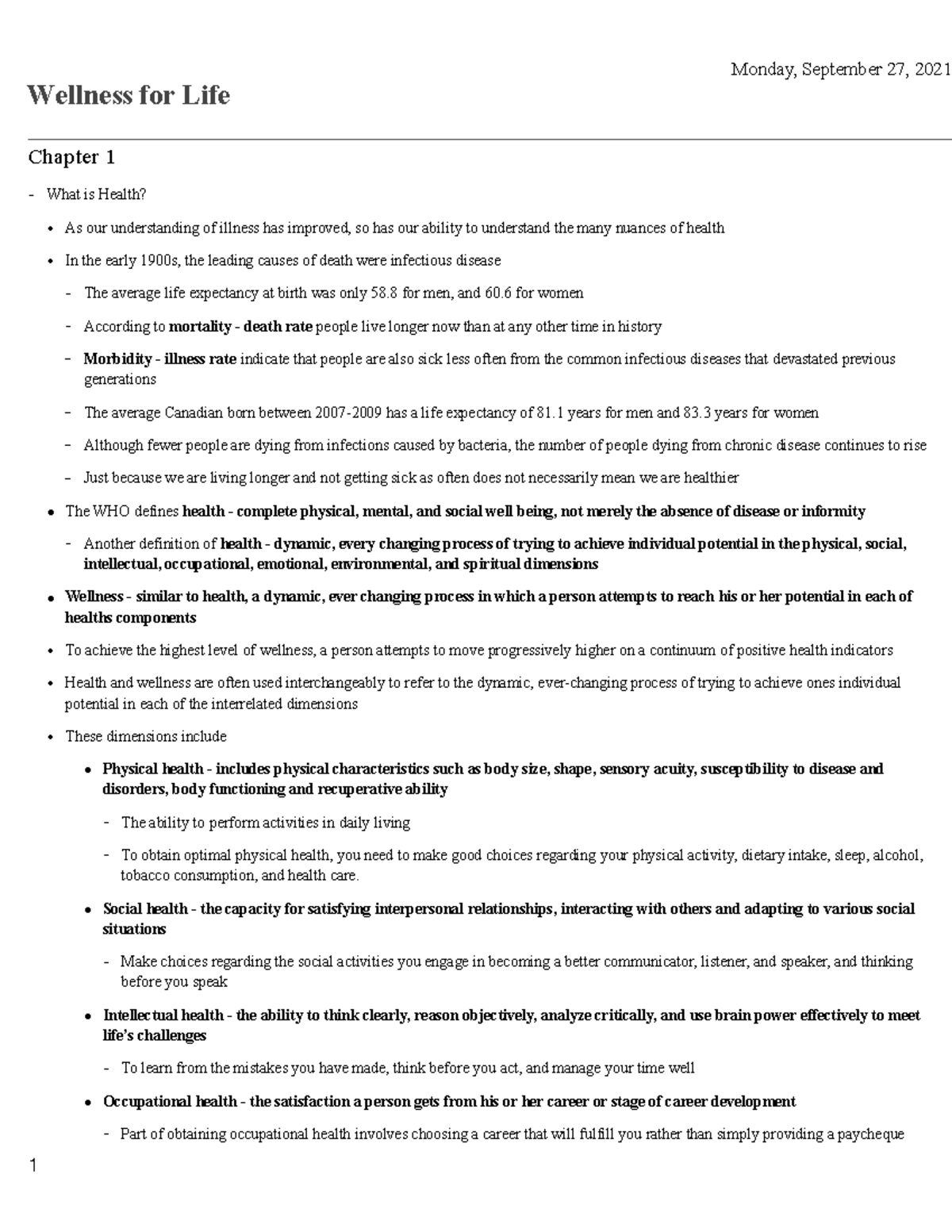 Wellness for Life Notes - Wellness for Life Chapter 1 What is Health ...