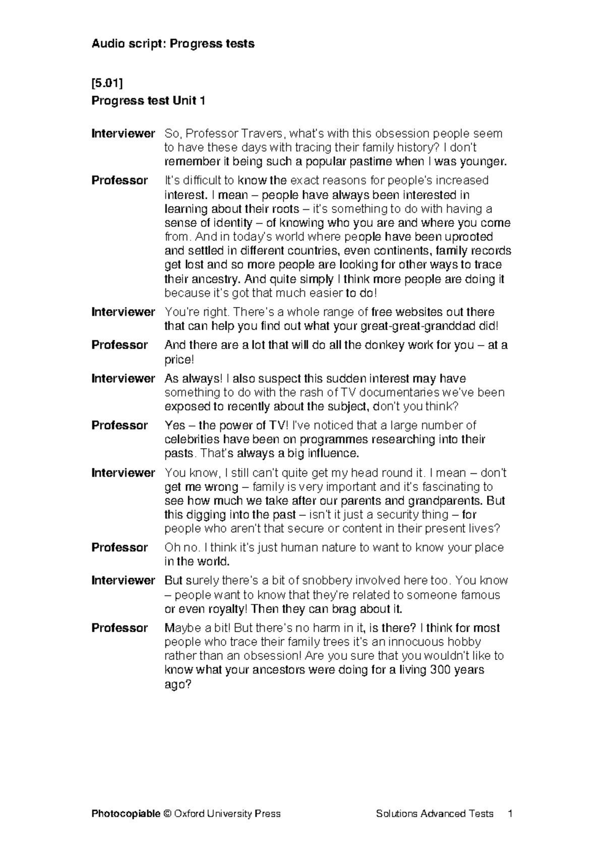 Sol adv progress scripts - [ 5 .01] Progress test Unit 1 Interviewer So ...