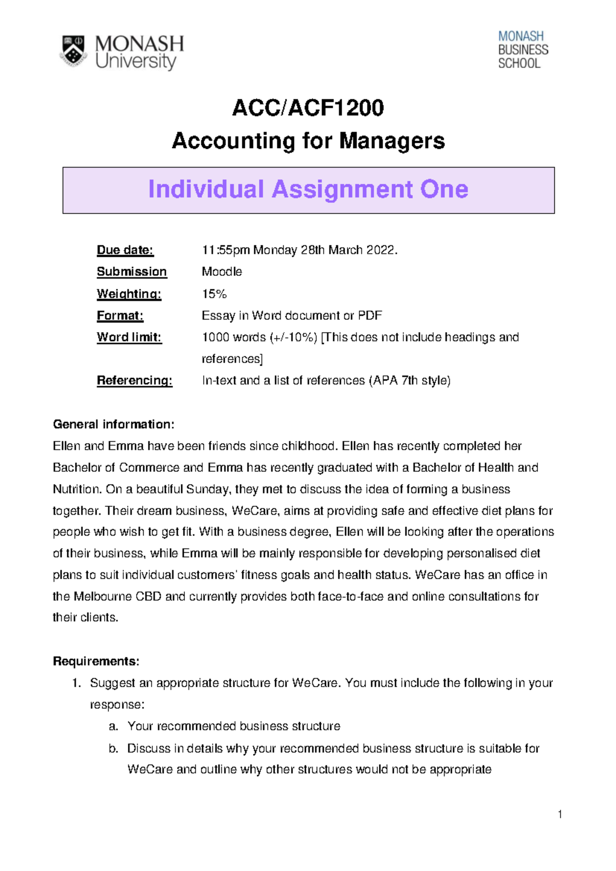 ACC-ACF1200 Assignment 1 - Requirements - 1 ACC/ACF Accounting for ...