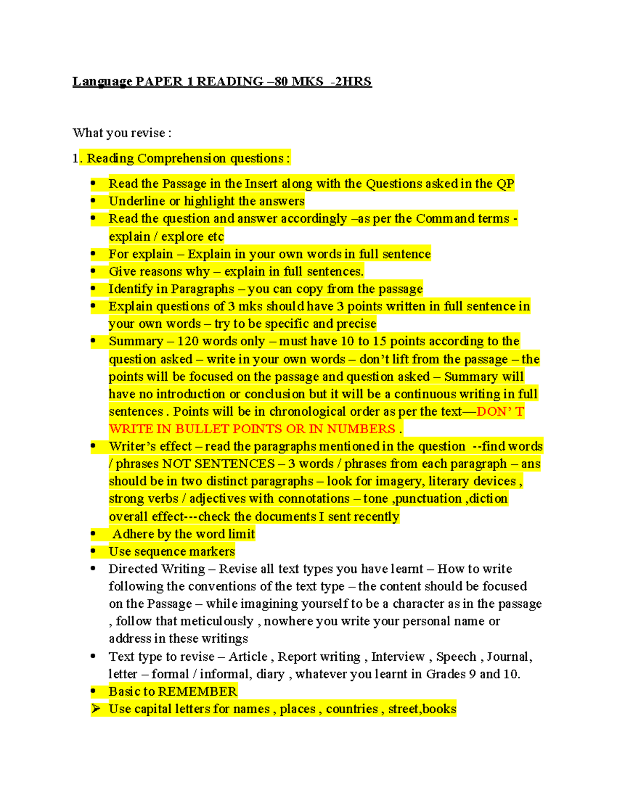 Language Paper 1 &2 Checklist - Language PAPER 1 READING –80 MKS -2HRS ...