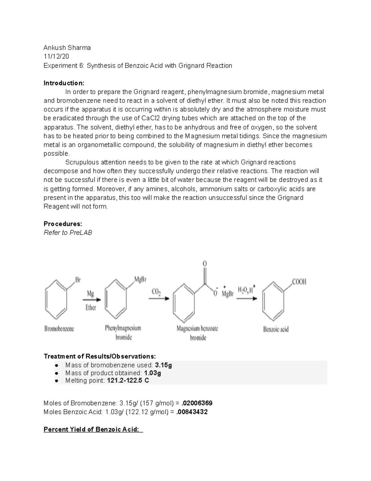 Exp 6- SYN BEN ORGO 225 - lab - Ankush Sharma 11/12/ Experiment 6 ...