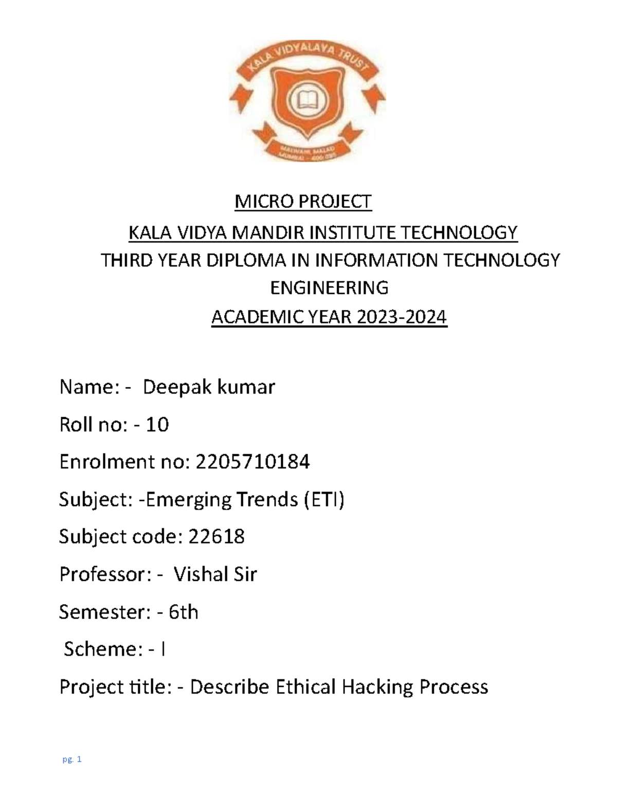 Deepak ETI Micro- Project - pg. 1 MICRO PROJECT KALA VIDYA MANDIR ...