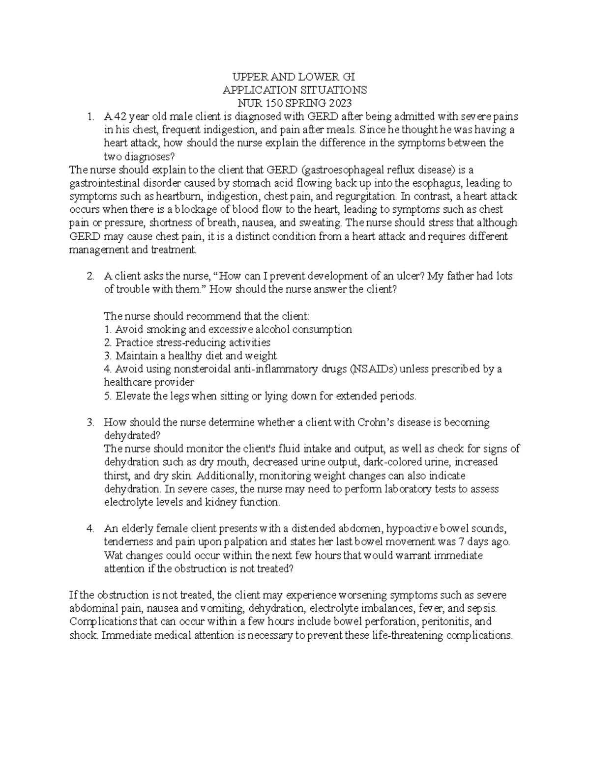 GI Pre Class Knowledge Worksheet - UPPER AND LOWER GI APPLICATION ...