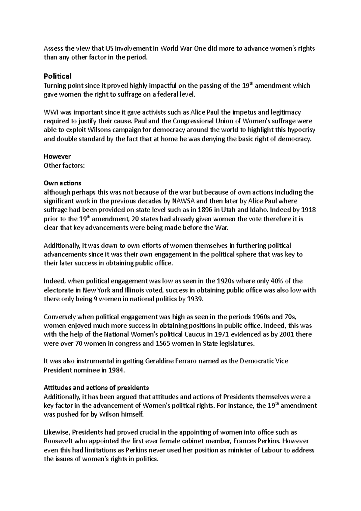 WWI as largest factor - condensed notes - Assess the view that US ...