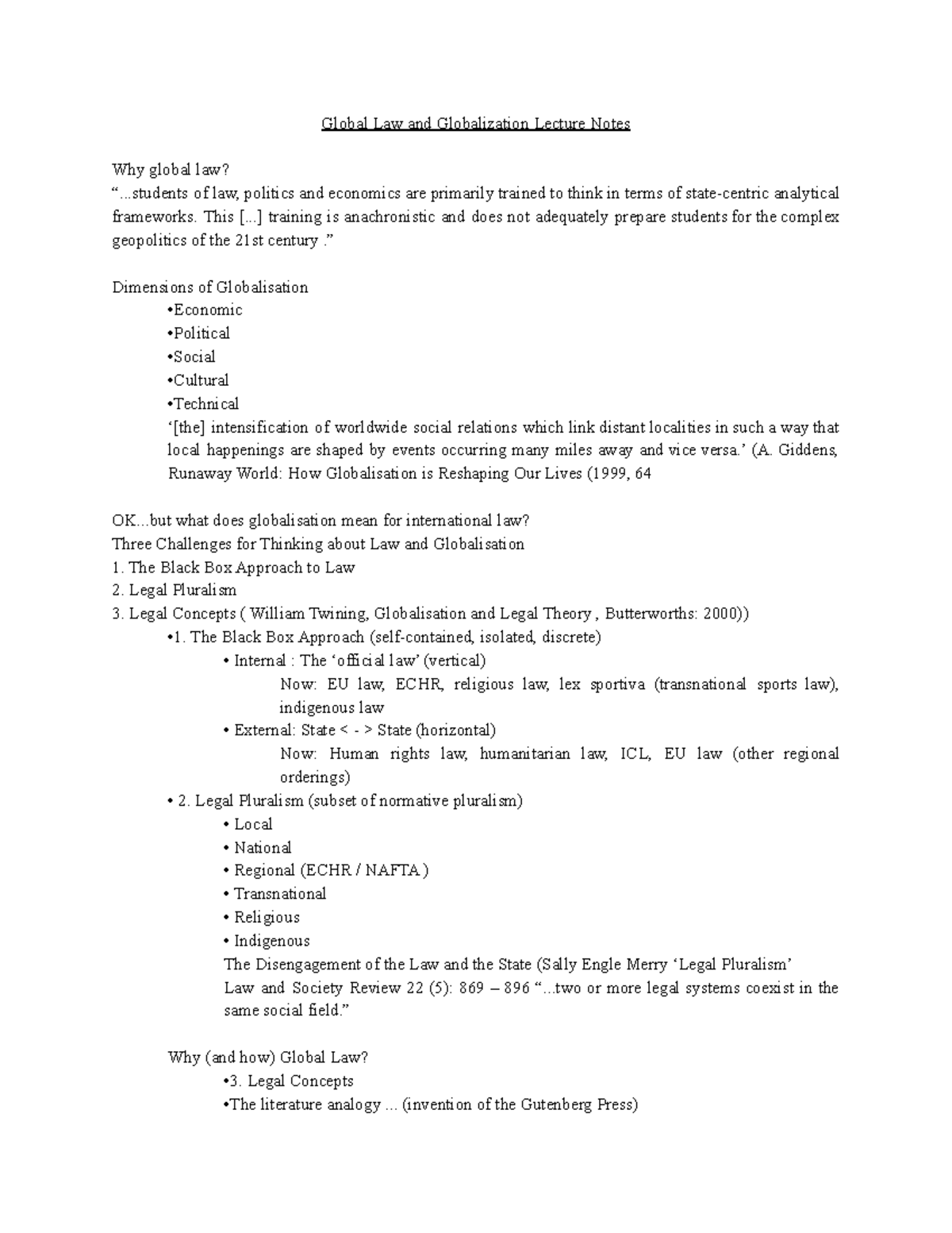 Global Law and Globalization Lecture Notes - . of law, politics and ...