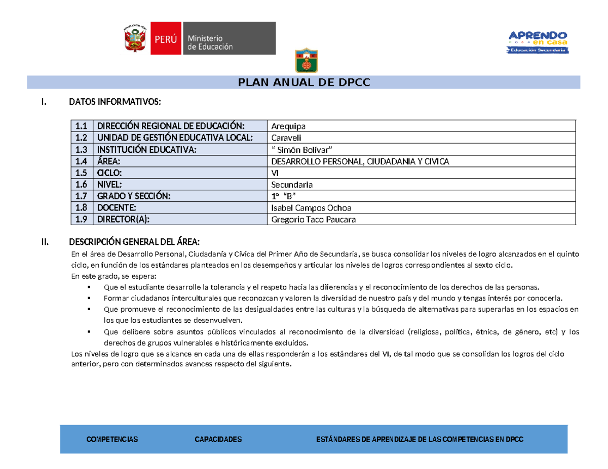 Programacion Anual 1° DPCC - PLAN ANUAL DE DPCC I. DATOS INFORMATIVOS ...