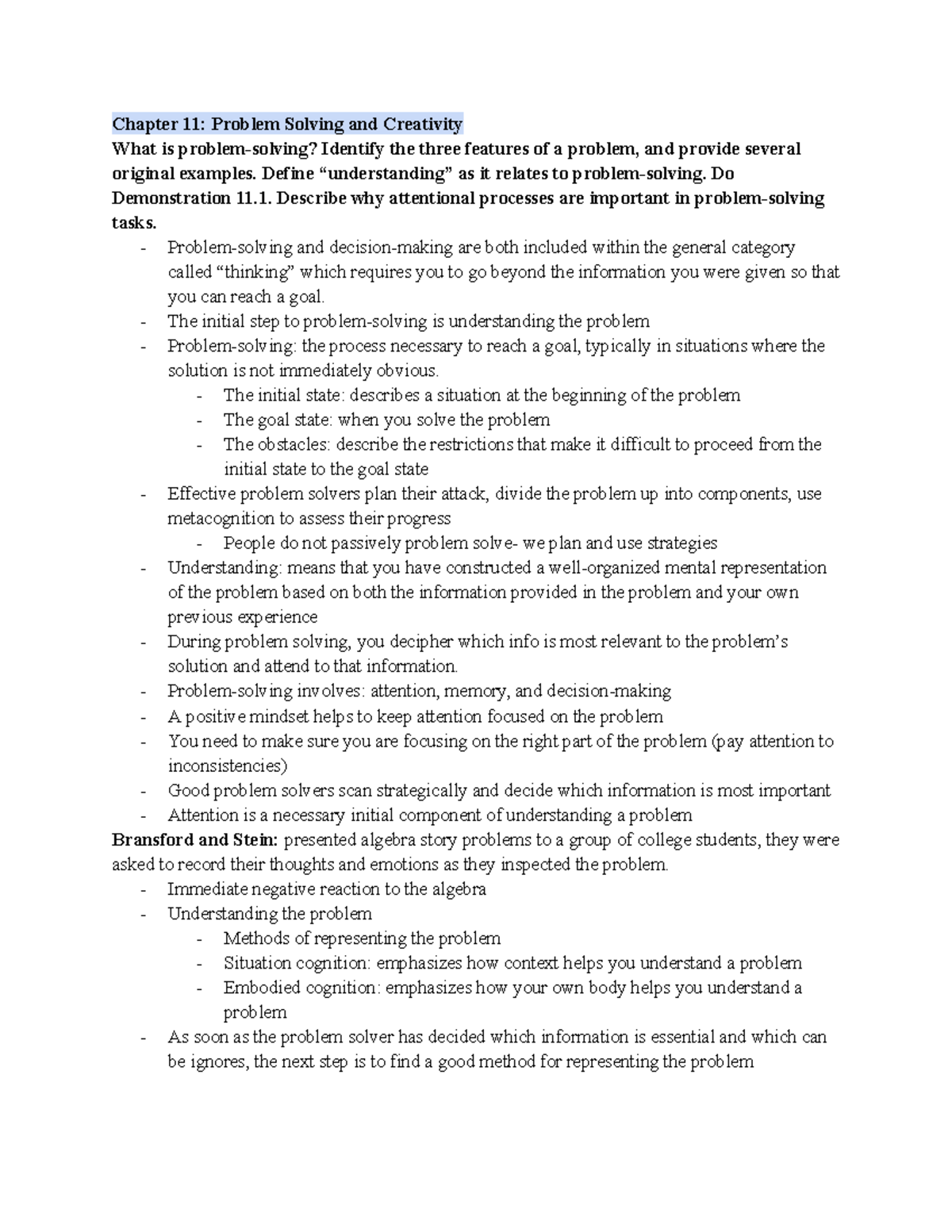 Unit 6 Cognition - Study - Chapter 11: Problem Solving and Creativity What is problem-solving ...