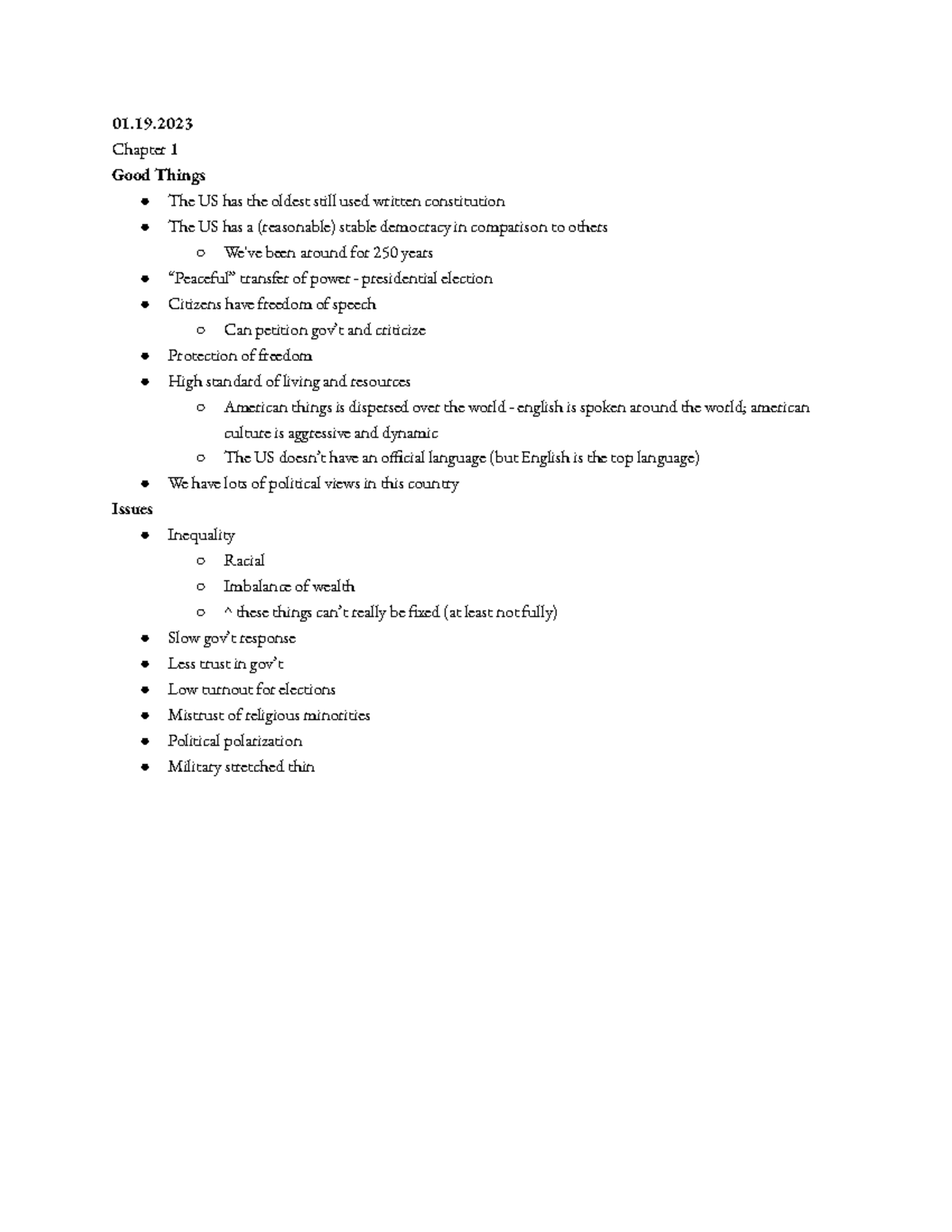 Lecture 1 Honors Intro to Pol Notes - 01. Chapter 1 Good Things The US ...
