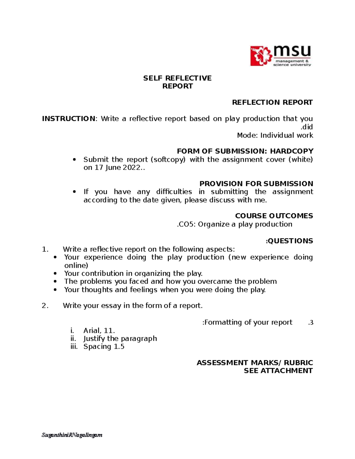 Rprt2 L313 self reflection report sept 21 theatre 2 - SELF REFLECTIVE REPORT REFLECTION REPORT ...