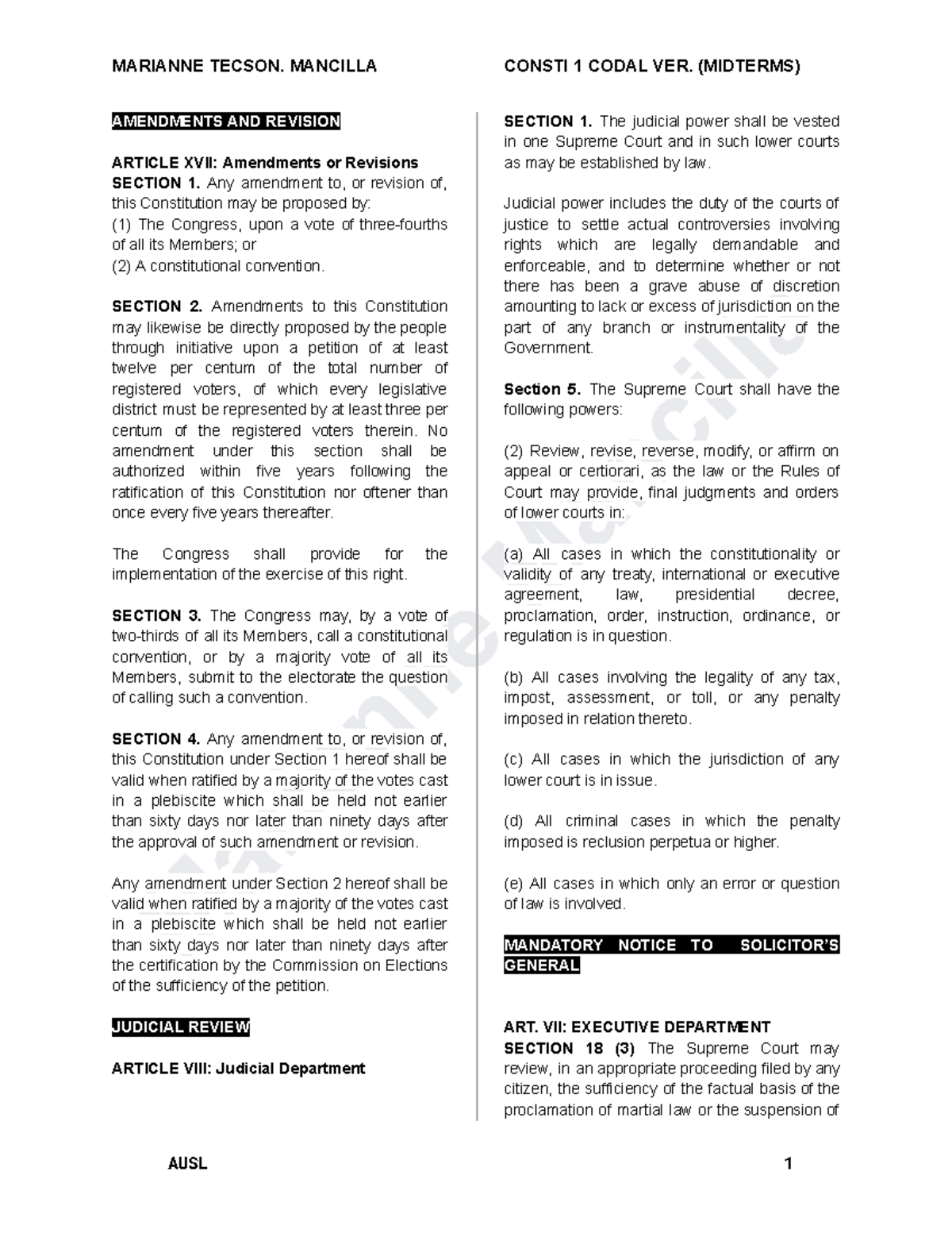 Consti Law 1 Codal - Marianne Mancilla AMENDMENTS AND REVISION ARTICLE ...