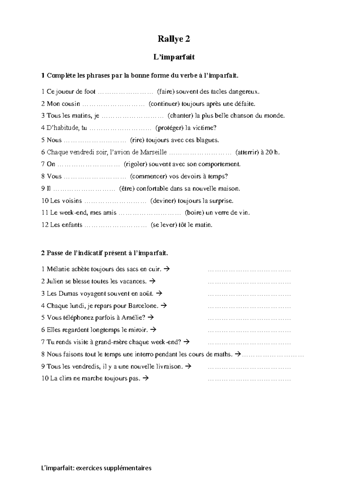 2A - Exercices supple mentaires - Imparfait - L’imparfait: exercices ...