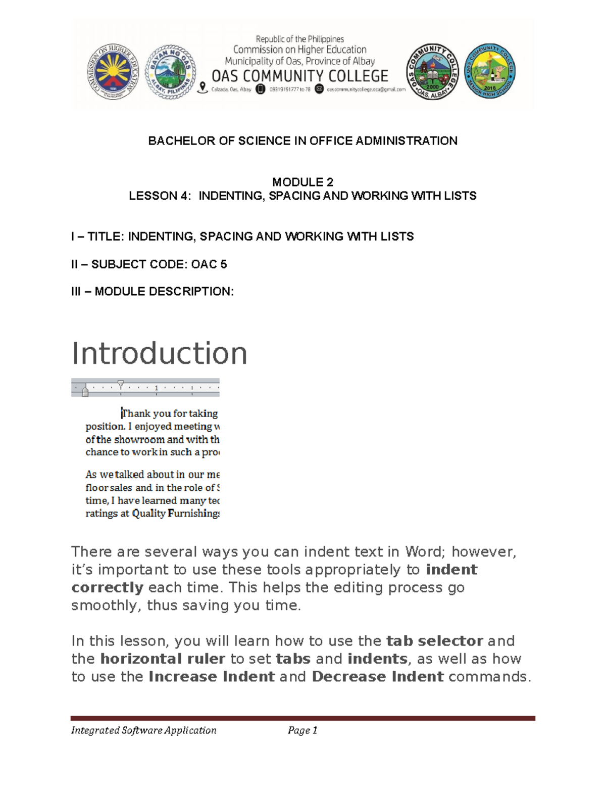 Module 2 Lesson 4 Integ - BACHELOR OF SCIENCE IN OFFICE ADMINISTRATION MODULE 2 LESSON 4 ...