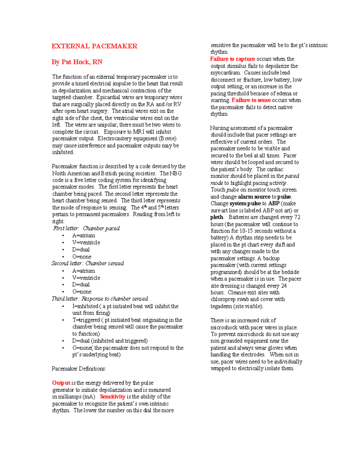 External Pacemaker - Summary Geriatric Nursing - EXTERNAL PACEMAKER By ...