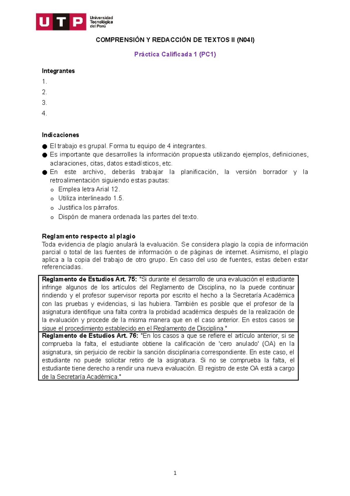 S07 - S08 - Práctica Calificada 1 prefinal - COMPRENSIÓN Y REDACCIÓN DE TEXTOS II (N04I ...
