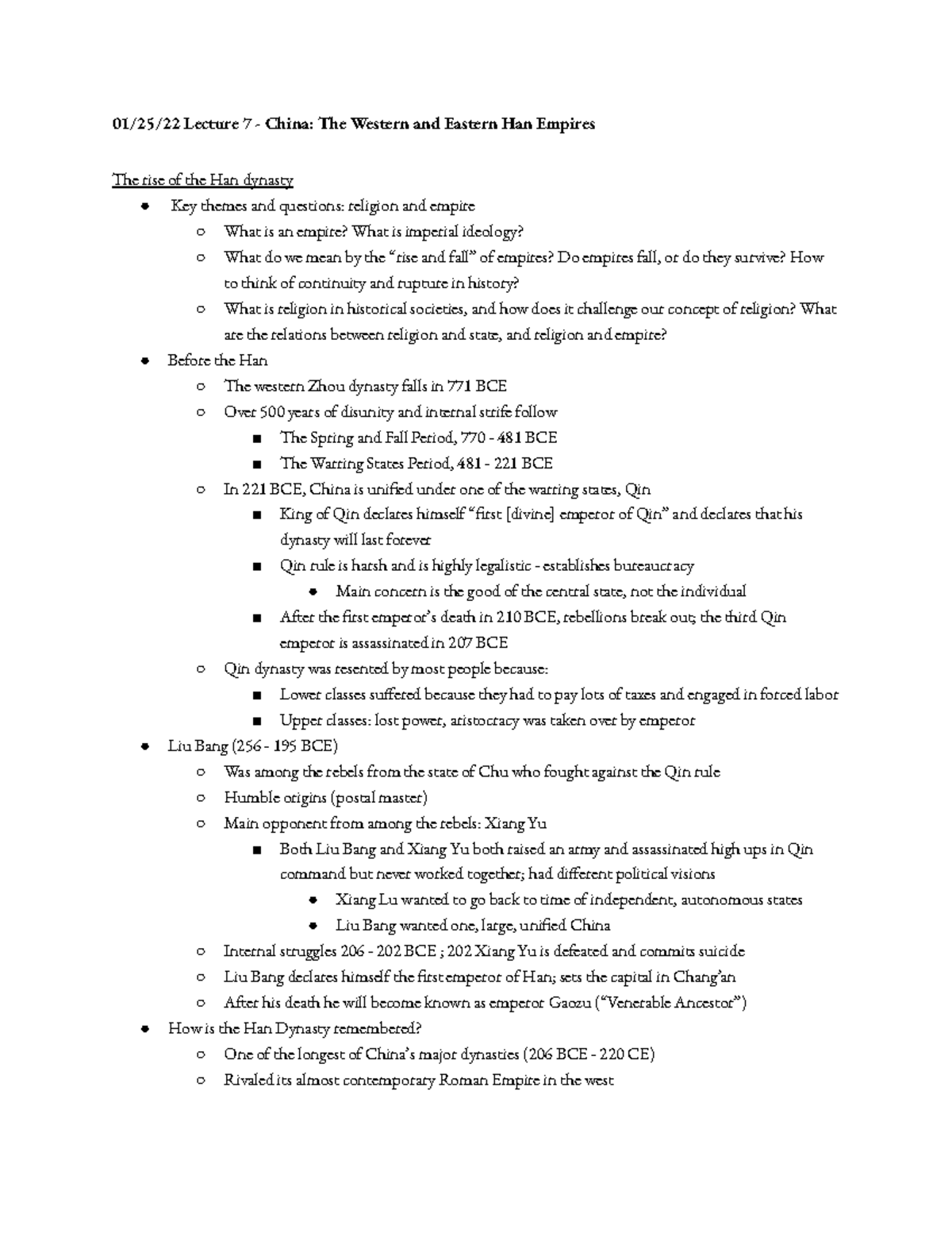 MMW 12 China The Western and Eastern Han Empires Lecture Notes - 01/25 ...