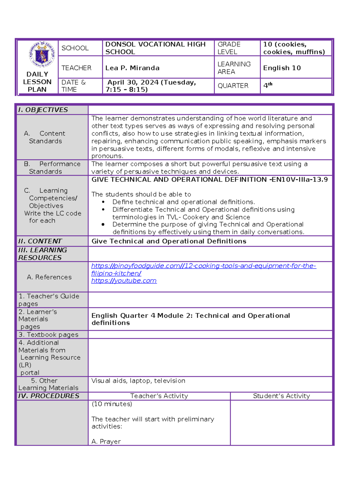 Miranda-Lea-Final Demo in English - I. OBJECTIVES A. Content Standards ...