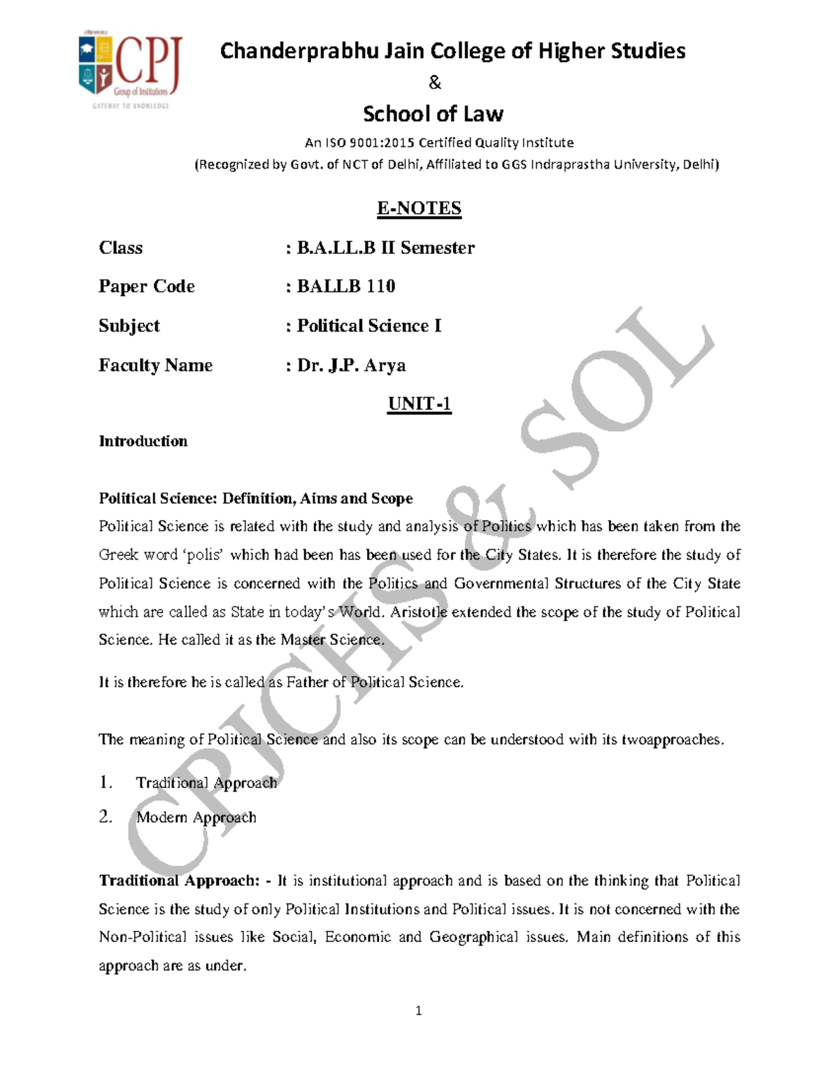 Unit-1 Political Science E-Notes Ballb 110 - & School of Law An ISO ...