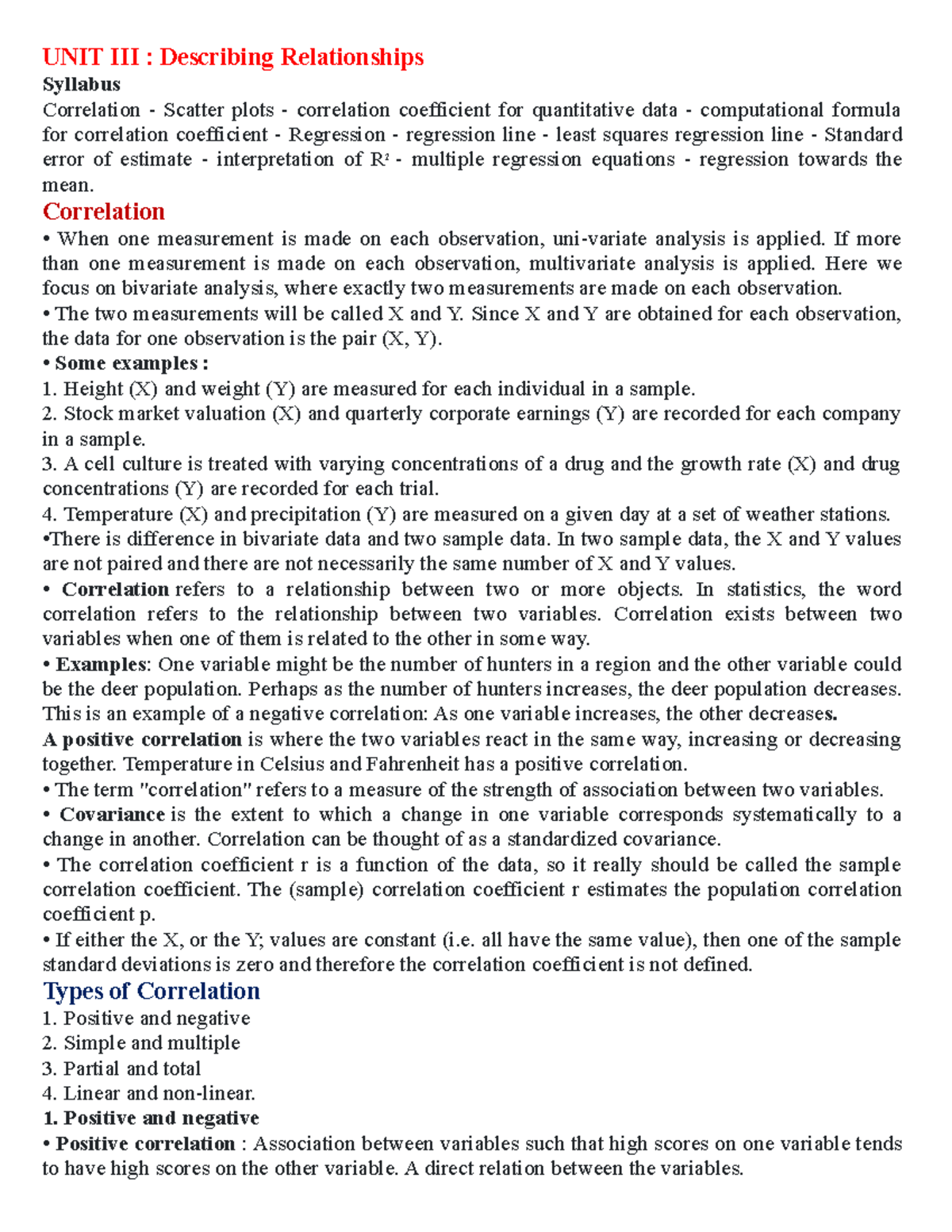 UNIT III - foundation of datA SCIENCE - UNIT III : Describing Relationships Syllabus Correlation ...