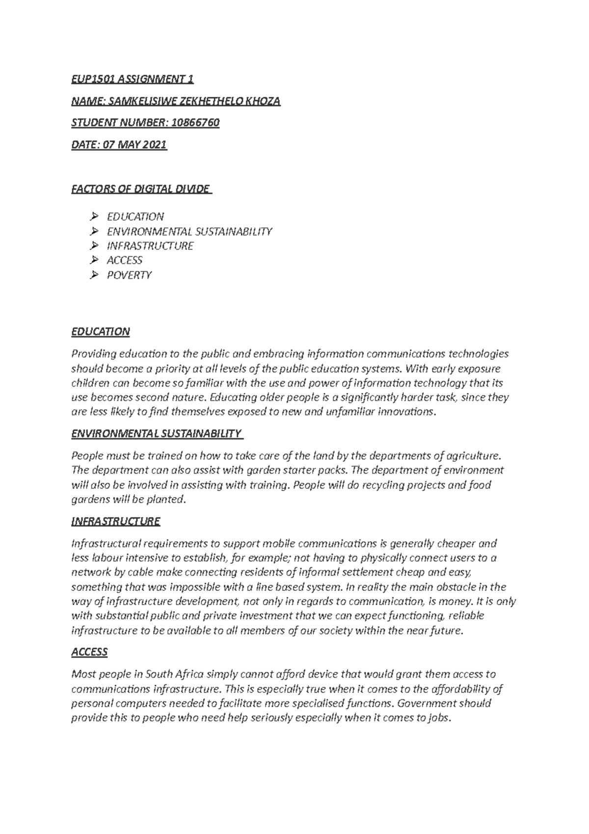 EUP1501 1 - EUP1501 ASSIGNMENT 1 NAME: SAMKELISIWE ZEKHETHELO KHOZA ...