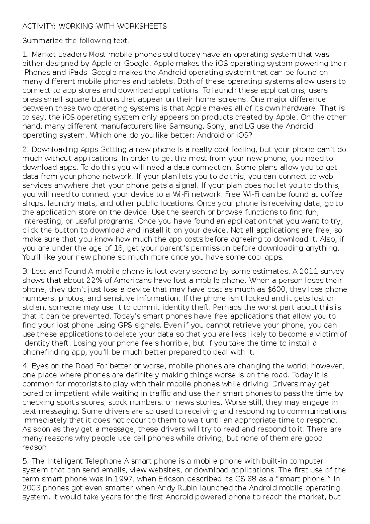 Activity Working Worksheets and Recalling TEXT - ACTIVITY: WORKING WITH ...