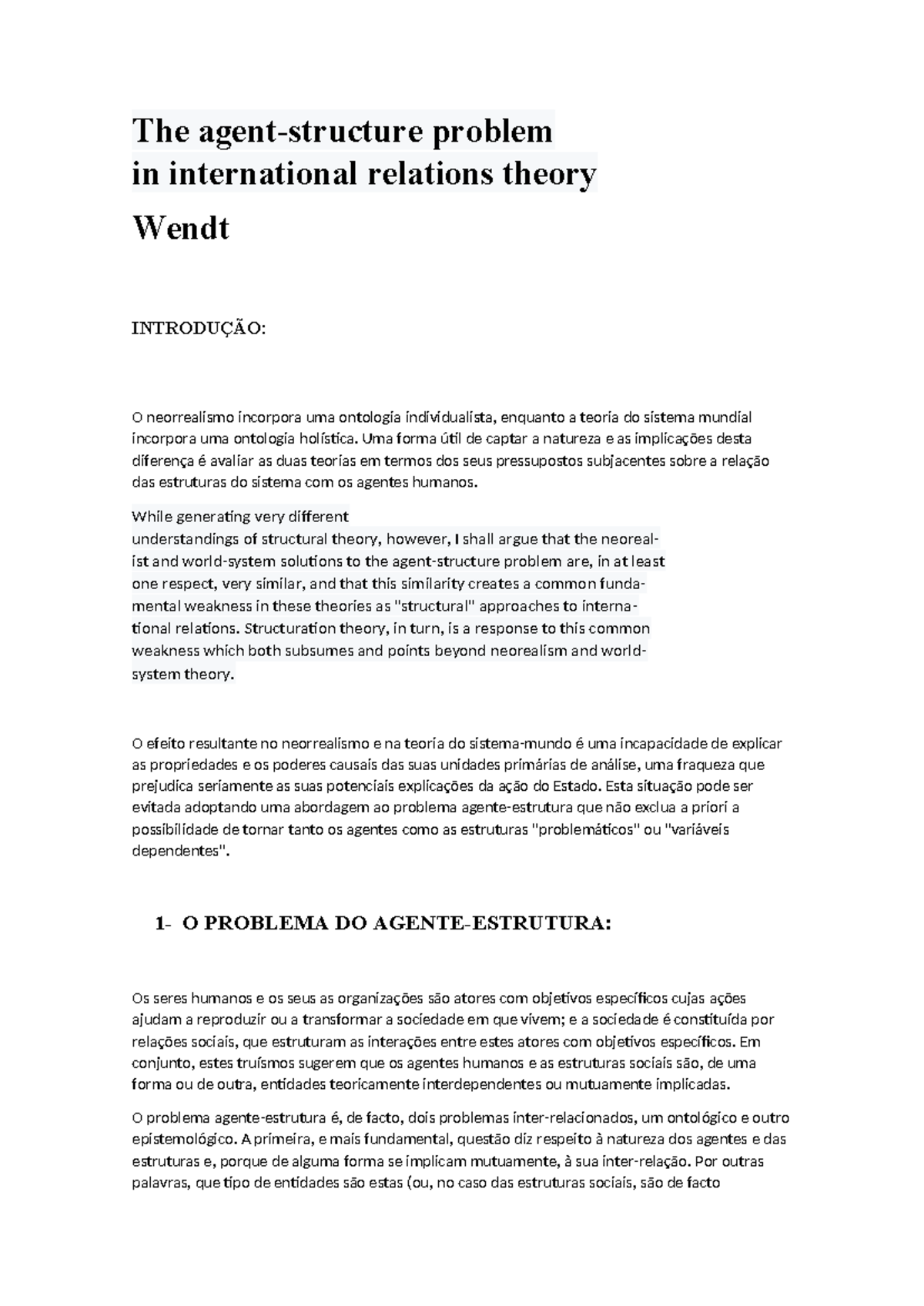 Wendt - teoria - The agent-structure problem in international relations ...